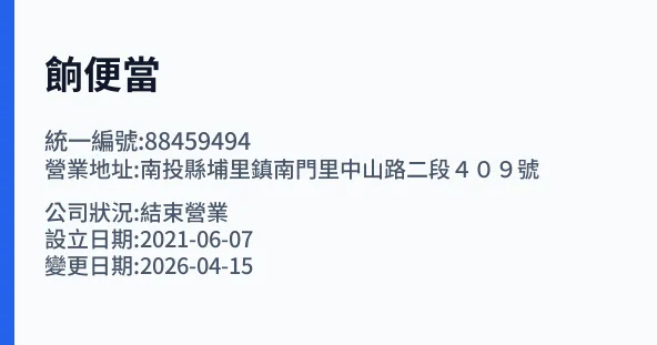 餉便當的照片-統編 88459494(南投縣) 公司登記資料與營業項目詳細圖表