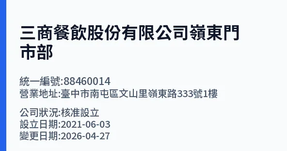 三商餐飲股份有限公司嶺東門市部的照片-統編 88460014(臺中市) 公司登記資料與營業項目詳細圖表