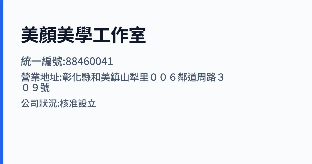 美顏美學工作室 - 統編 88460041(彰化縣) 公司登記資料與營業項目詳細圖表