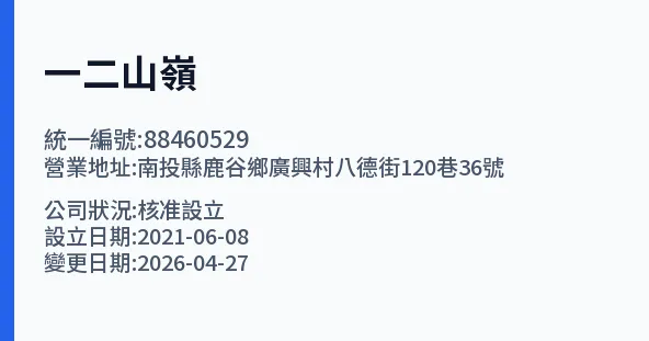 一二山嶺的照片-統編 88460529(南投縣) 公司登記資料與營業項目詳細圖表