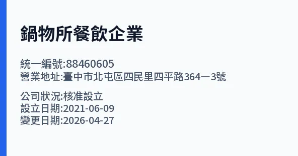 鍋物所餐飲企業的照片-統編 88460605(臺中市) 公司登記資料與營業項目詳細圖表