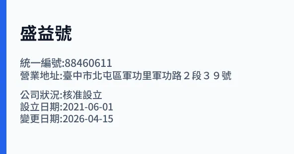 盛益號的照片-統編 88460611(臺中市) 公司登記資料與營業項目詳細圖表