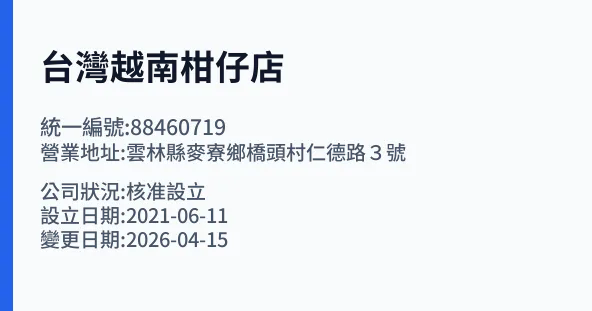台灣越南柑仔店的照片-統編 88460719(雲林縣) 公司登記資料與營業項目詳細圖表