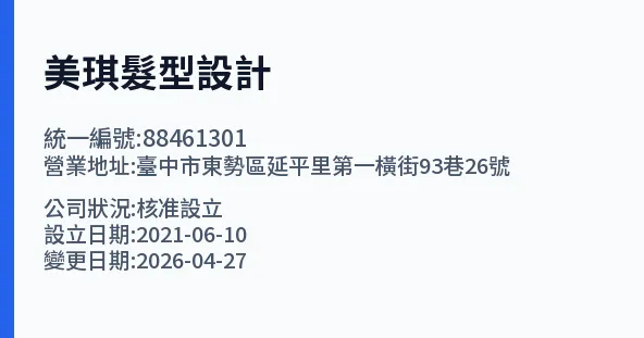 美琪髮型設計的照片-統編 88461301(臺中市) 公司登記資料與營業項目詳細圖表