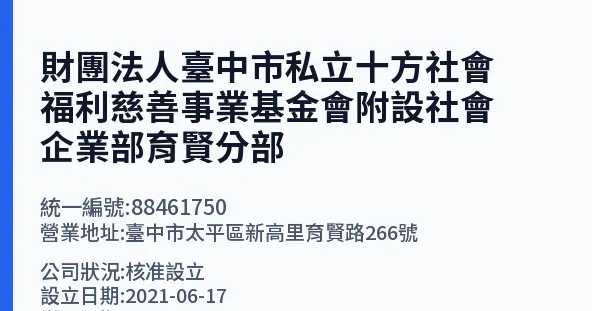 財團法人臺中市私立十方社會福利慈善事業基金會附設社會企業部育賢分部的照片-統編 88461750(臺中市) 公司登記資料與營業項目詳細圖表