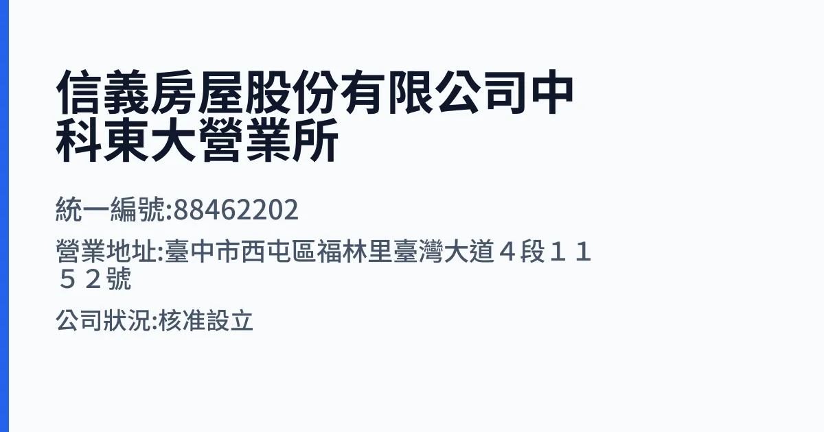 信義房屋股份有限公司中科東大營業所 - 統編 88462202(臺中市) 公司登記資料與營業項目詳細圖表
