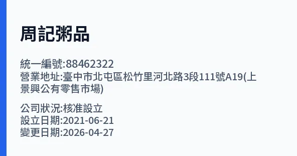 周記粥品的照片-統編 88462322(臺中市) 公司登記資料與營業項目詳細圖表