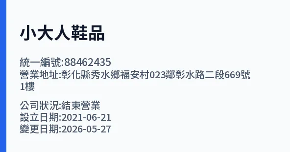 小大人鞋品的照片-統編 88462435(彰化縣) 公司登記資料與營業項目詳細圖表