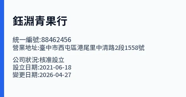 鈺淵青果行的照片-統編 88462456(臺中市) 公司登記資料與營業項目詳細圖表