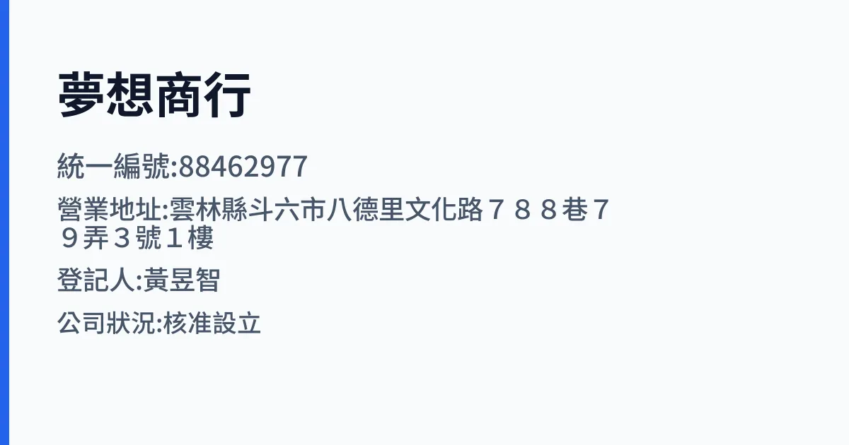 夢想商行 - 統編 88462977(雲林縣) 公司登記資料與營業項目詳細圖表