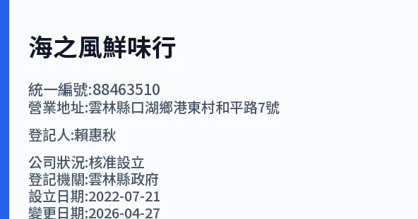 海之風鮮味行的照片-統編 88463510(雲林縣) 公司登記資料與營業項目詳細圖表