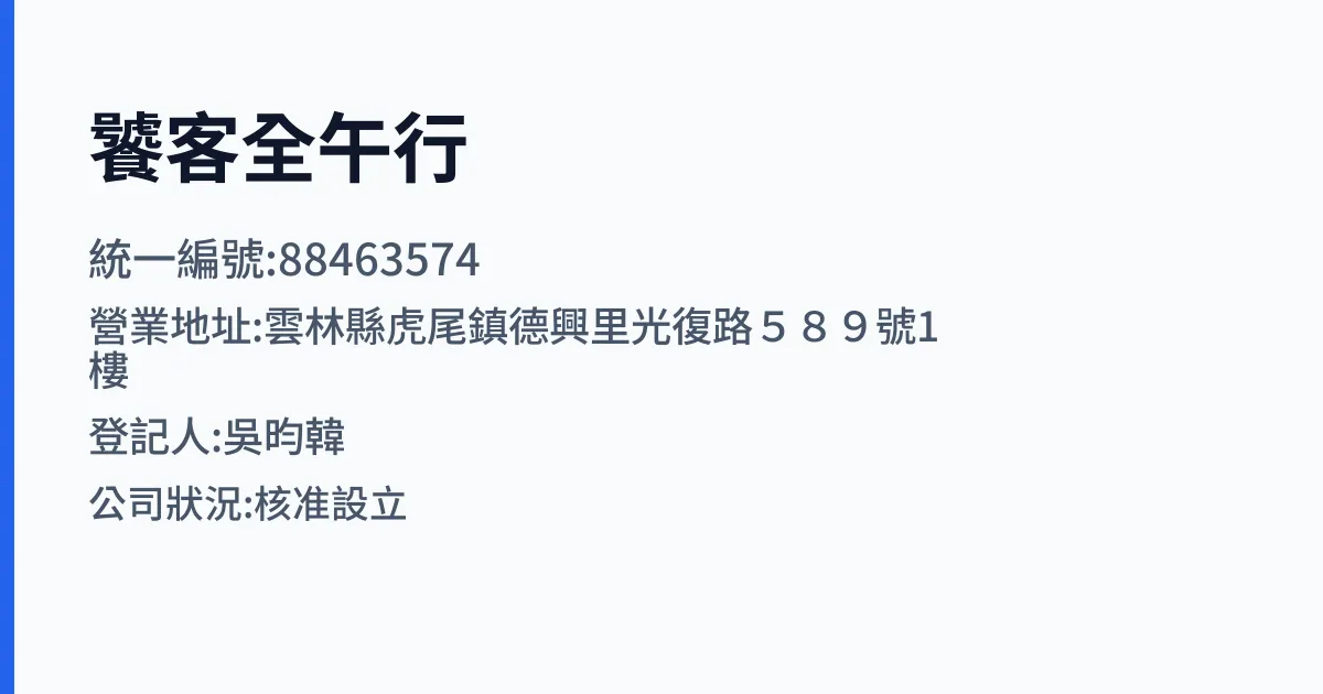 饕客全午行 - 統編 88463574(雲林縣) 公司登記資料與營業項目詳細圖表