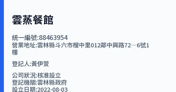 雲蒸餐館的照片-統編 88463954(雲林縣) 公司登記資料與營業項目詳細圖表