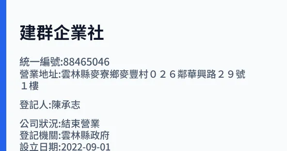 建群企業社的照片-統編 88465046(雲林縣) 公司登記資料與營業項目詳細圖表