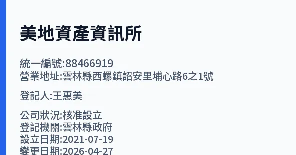 美地資產資訊所的照片-統編 88466919(雲林縣) 公司登記資料與營業項目詳細圖表
