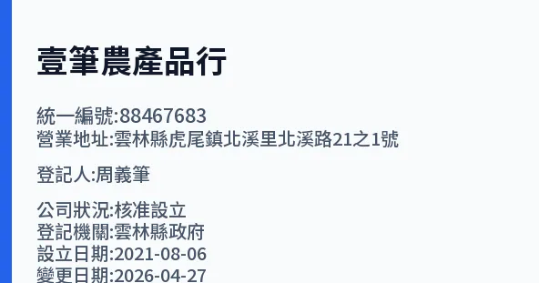 壹筆農產品行的照片-統編 88467683(雲林縣) 公司登記資料與營業項目詳細圖表