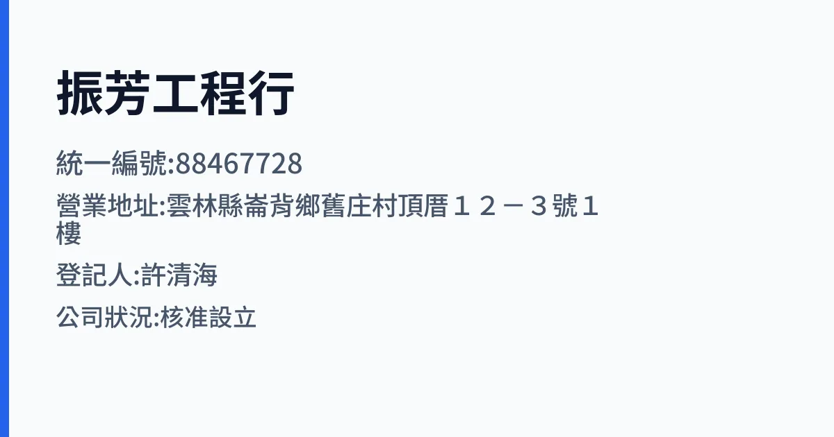 振芳工程行 - 統編 88467728(雲林縣) 公司登記資料與營業項目詳細圖表
