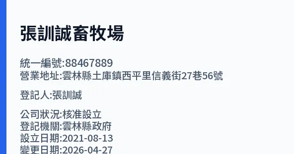 張訓誠畜牧場的照片-統編 88467889(雲林縣) 公司登記資料與營業項目詳細圖表