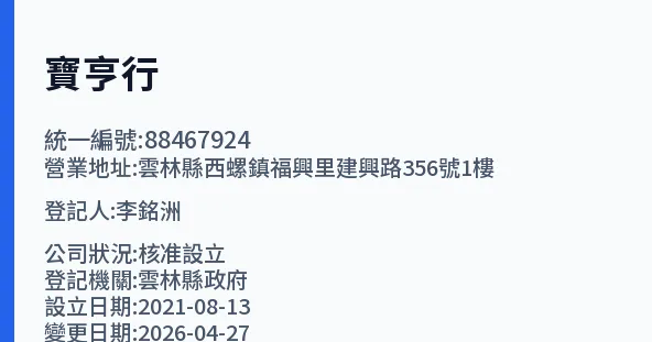 寶亨行的照片-統編 88467924(雲林縣) 公司登記資料與營業項目詳細圖表