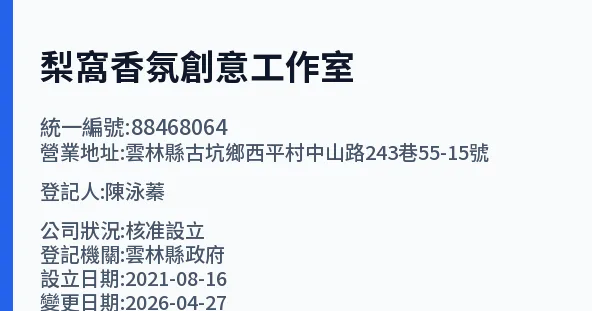 梨窩香氛創意工作室的照片-統編 88468064(雲林縣) 公司登記資料與營業項目詳細圖表