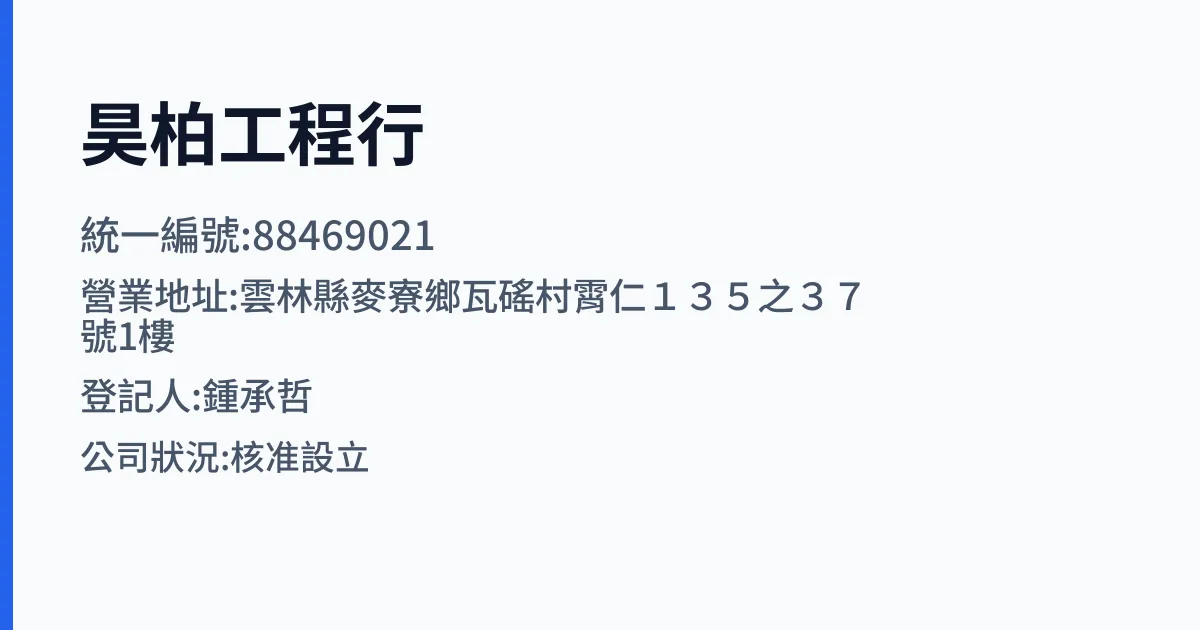 昊柏工程行 - 統編 88469021(雲林縣) 公司登記資料與營業項目詳細圖表