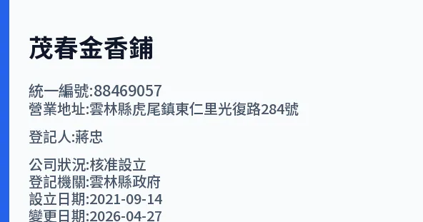茂春金香鋪的照片-統編 88469057(雲林縣) 公司登記資料與營業項目詳細圖表