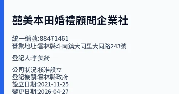 囍美本田婚禮顧問企業社的照片-統編 88471461(雲林縣) 公司登記資料與營業項目詳細圖表