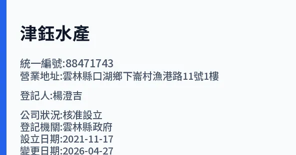 津鈺水產的照片-統編 88471743(雲林縣) 公司登記資料與營業項目詳細圖表