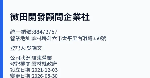 微田開發顧問企業社的照片-統編 88472757(雲林縣) 公司登記資料與營業項目詳細圖表