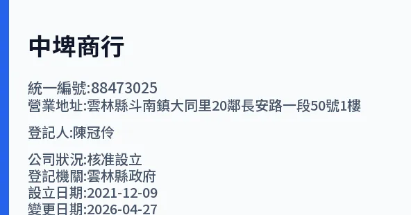 中埤商行的照片-統編 88473025(雲林縣) 公司登記資料與營業項目詳細圖表