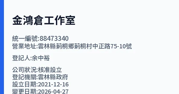 金鴻倉工作室的照片-統編 88473340(雲林縣) 公司登記資料與營業項目詳細圖表