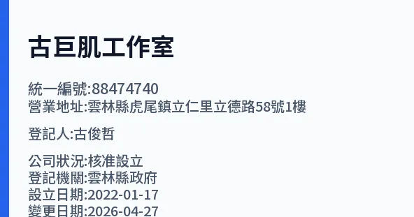 古巨肌工作室的照片-統編 88474740(雲林縣) 公司登記資料與營業項目詳細圖表