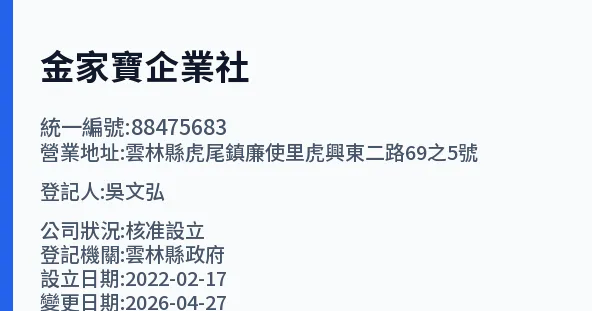 金家寶企業社的照片-統編 88475683(雲林縣) 公司登記資料與營業項目詳細圖表