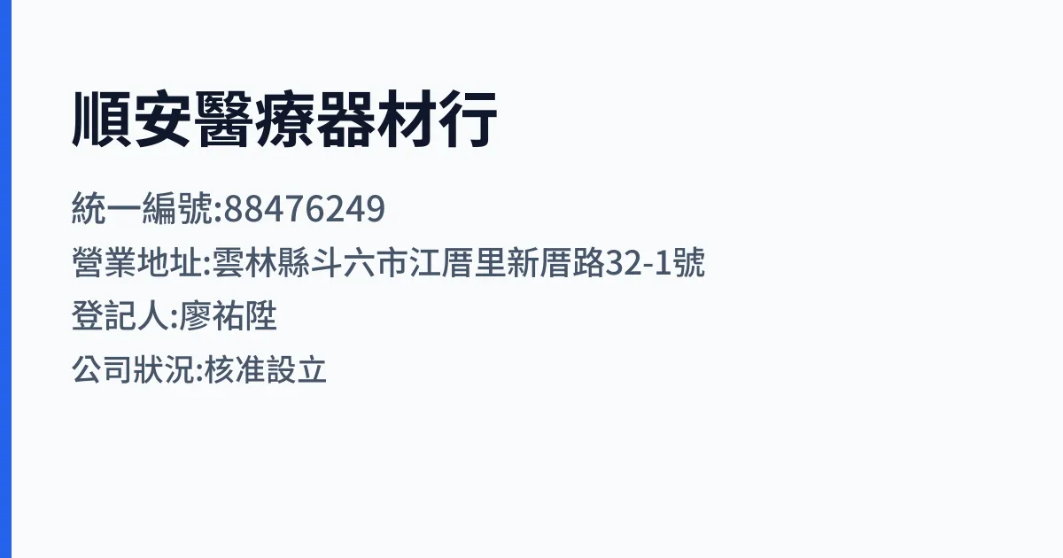 順安醫療器材行 - 統編 88476249(雲林縣) 公司登記資料與營業項目詳細圖表
