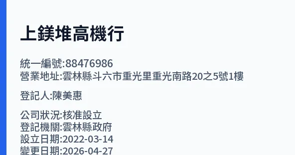 上鎂堆高機行的照片-統編 88476986(雲林縣) 公司登記資料與營業項目詳細圖表