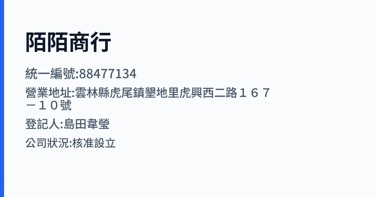 陌陌商行 - 統編 88477134(雲林縣) 公司登記資料與營業項目詳細圖表