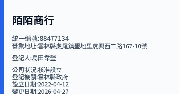 陌陌商行的照片-統編 88477134(雲林縣) 公司登記資料與營業項目詳細圖表