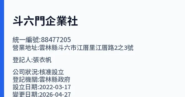 斗六門企業社的照片-統編 88477205(雲林縣) 公司登記資料與營業項目詳細圖表