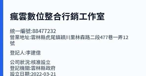 瘋雲數位整合行銷工作室的照片-統編 88477232(雲林縣) 公司登記資料與營業項目詳細圖表