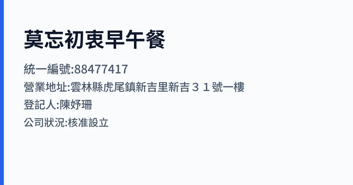 莫忘初衷早午餐 - 統編 88477417(雲林縣) 公司登記資料與營業項目詳細圖表