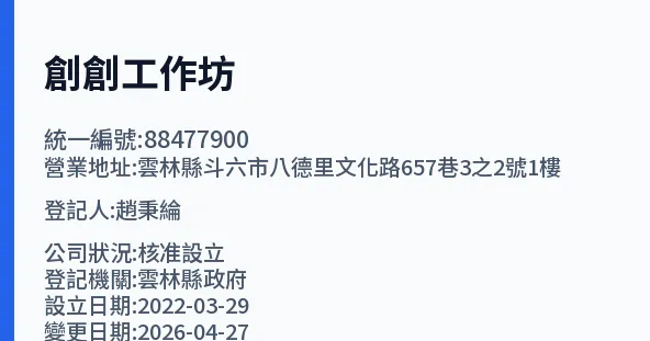創創工作坊的照片-統編 88477900(雲林縣) 公司登記資料與營業項目詳細圖表