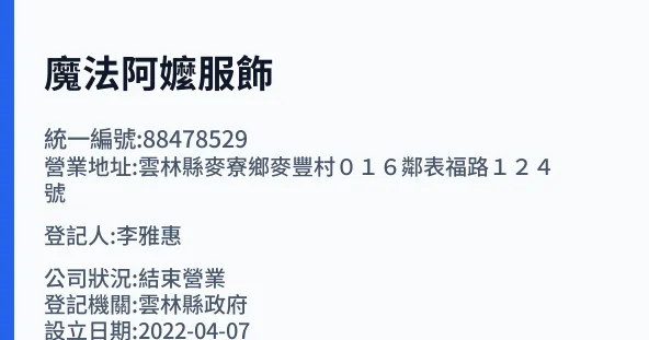 魔法阿嬤服飾的照片-統編 88478529(雲林縣) 公司登記資料與營業項目詳細圖表