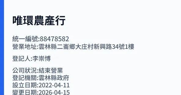 唯環農產行的照片-統編 88478582(雲林縣) 公司登記資料與營業項目詳細圖表