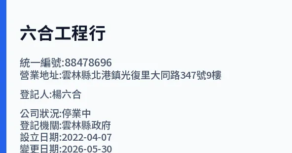 六合工程行的照片-統編 88478696(雲林縣) 公司登記資料與營業項目詳細圖表