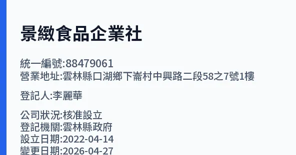 景緻食品企業社的照片-統編 88479061(雲林縣) 公司登記資料與營業項目詳細圖表