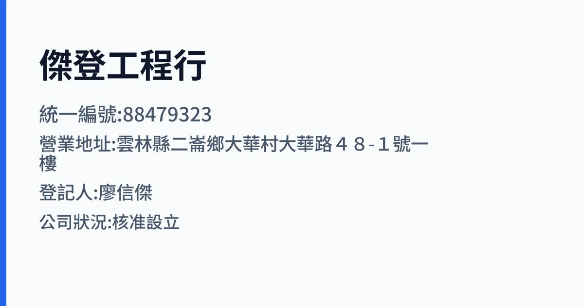 傑登工程行 - 統編 88479323(雲林縣) 公司登記資料與營業項目詳細圖表