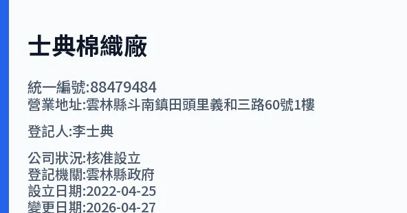 士典棉織廠的照片-統編 88479484(雲林縣) 公司登記資料與營業項目詳細圖表