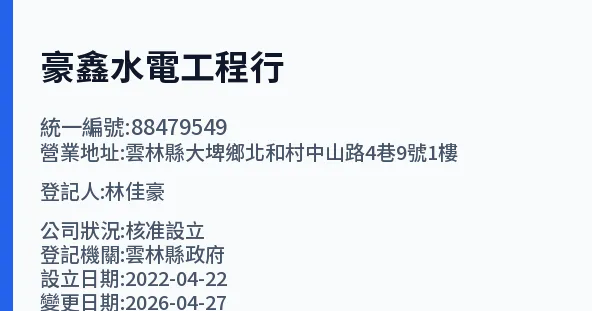 豪鑫水電工程行的照片-統編 88479549(雲林縣) 公司登記資料與營業項目詳細圖表