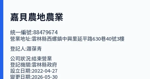 嘉貝農地農業的照片-統編 88479674(雲林縣) 公司登記資料與營業項目詳細圖表
