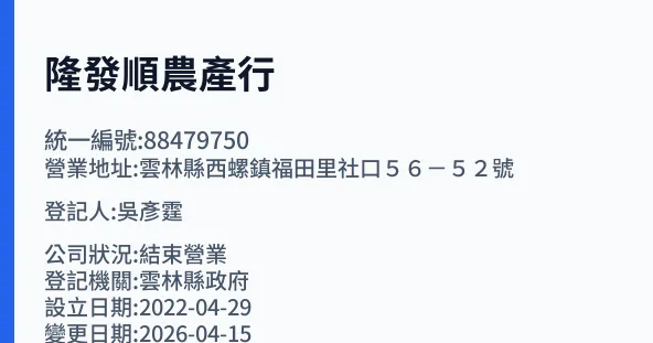 隆發順農產行的照片-統編 88479750(雲林縣) 公司登記資料與營業項目詳細圖表